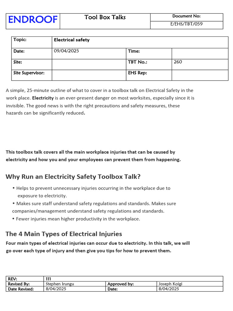 Electrical Safety Toolbox Talk Guide | PDF | Occupational Safety And ...