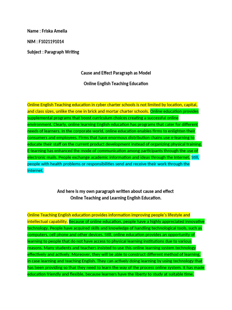 Cause and Effect Paragraph (Friska Amelia) | PDF | Educational ...
