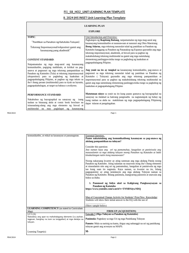 Fil_s8_t1_unit Learning Plan Template (1) | PDF