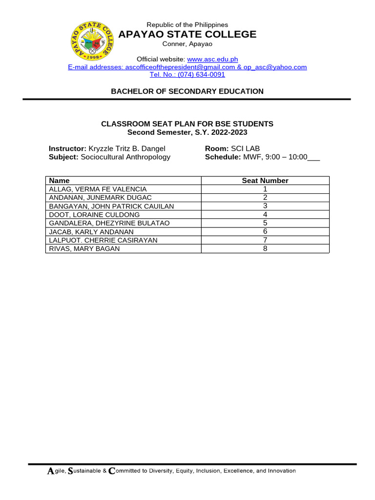 BSE Classroom Seat Plan 2022-2023 | PDF