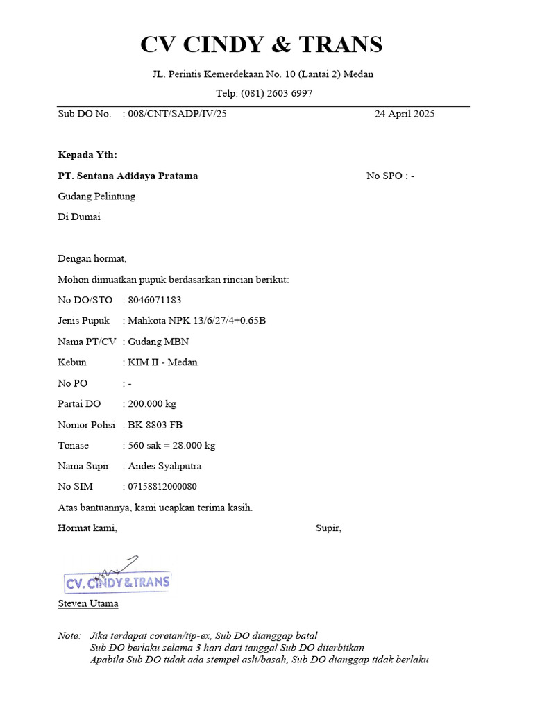 Permohonan Pupuk untuk PT SADP | PDF