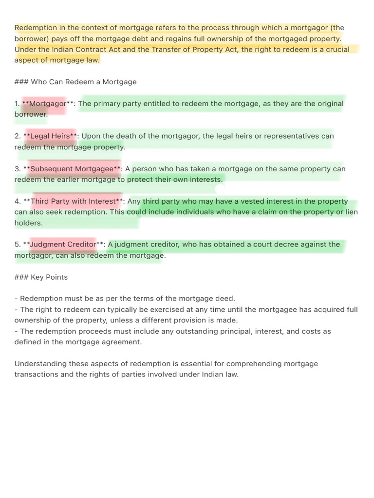 Redemption in The Context of Mortgage Refers To The Process Through | PDF