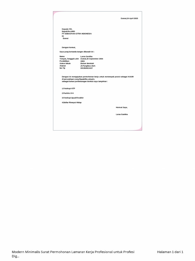 Modern Minimalis Surat Permohonan Lamaran Kerja Profesional Untuk Profesi D - 20250422 - 203814 ...