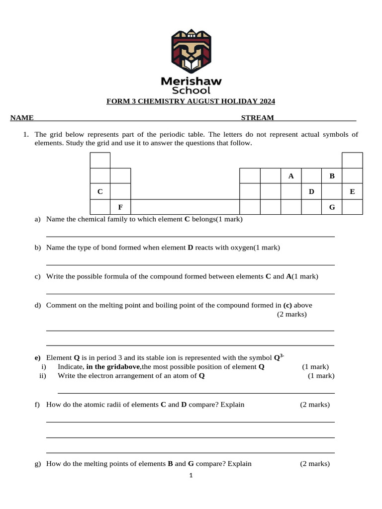 Form 3 Chemistry Holiday Assignment 2024 | PDF | Chemical Elements ...