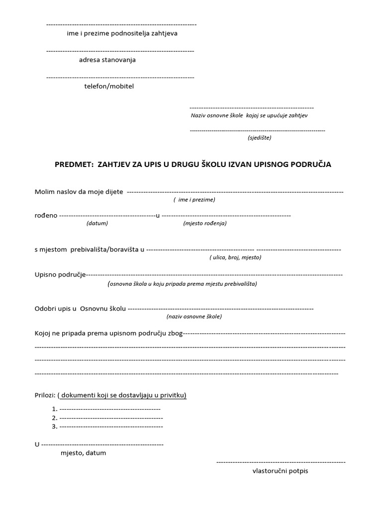 Zahtjev Za Upis U Drugu Skolu Izvan Upisnog Podrucja | PDF