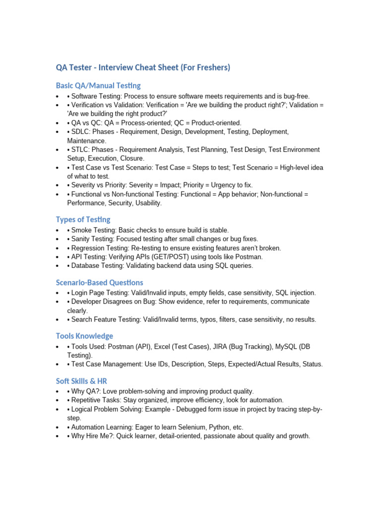 QA Interview Cheat Sheet Shakti | PDF