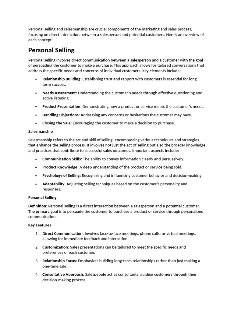 Personal Selling and Salesmanship Are Crucial Components of The ...