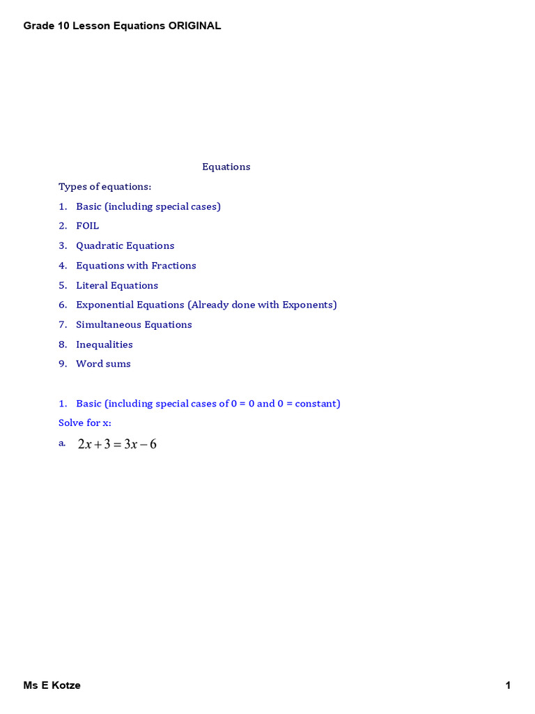 Grade 10 Equations Lesson Guide | PDF | Equations | Inequality ...