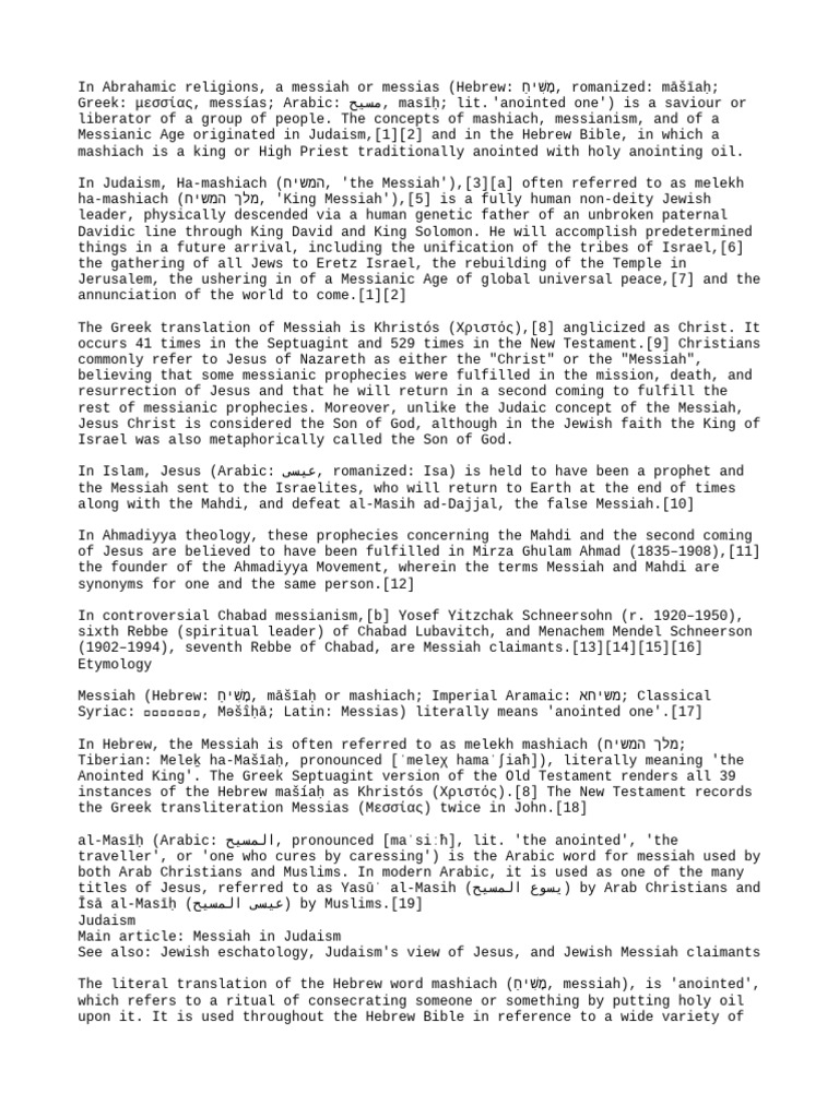 In Abrahamic Religions, A Messiah o | PDF | Messiah | Religious Belief ...