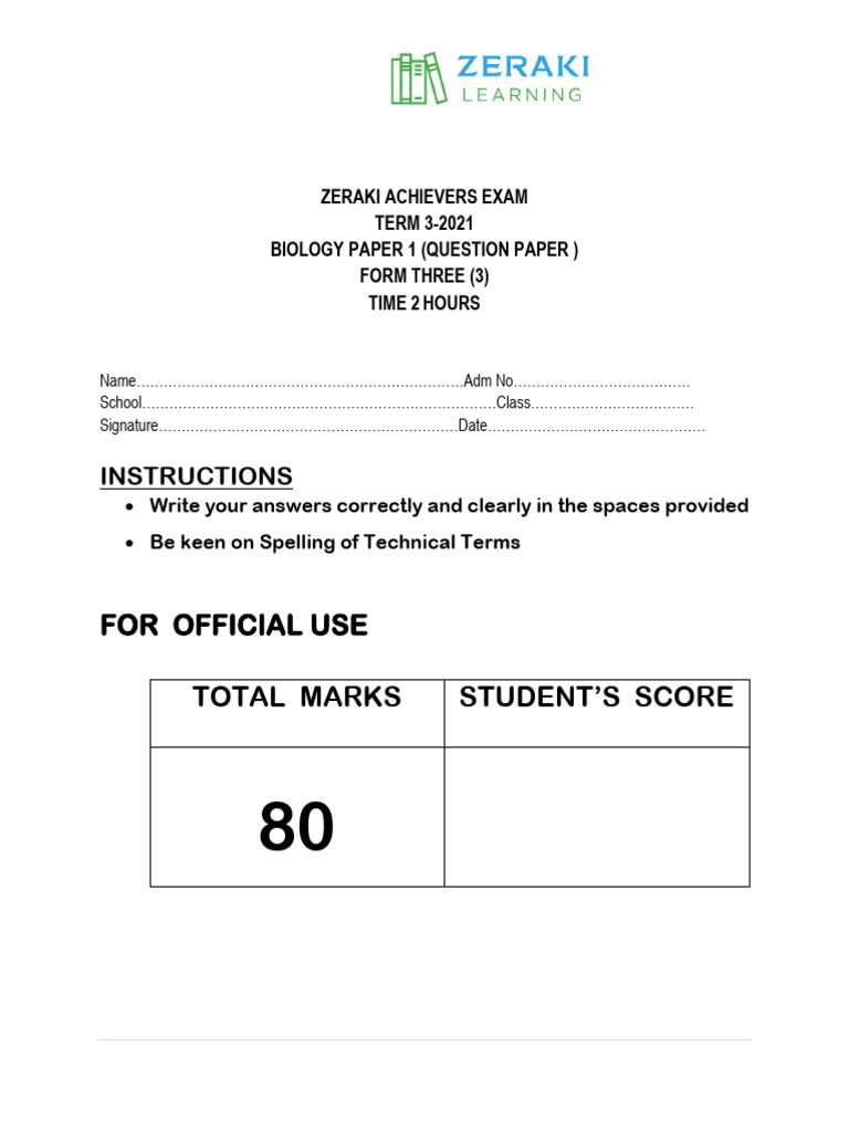 Biology - Biology Form 3 Paper 1 - Zeraki Achievers 3.0 - Question Paper | PDF | Seed | Urea