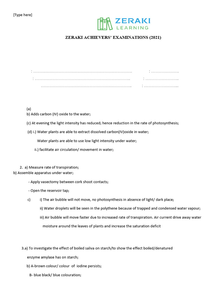 Biology - Biology Form 3 Paper 2 - Zeraki Achievers 3.0 - Marking Scheme | PDF | Reproduction