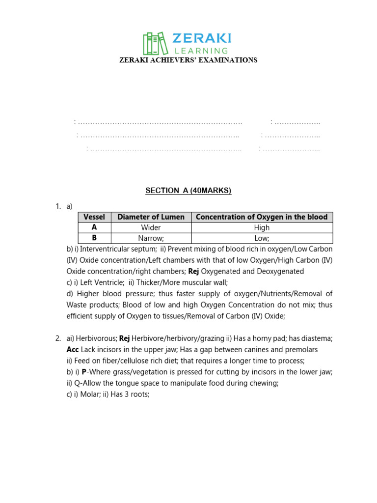 Biology - Biology Form 2 - Zeraki Achievers 5.0 - Marking Scheme | PDF ...