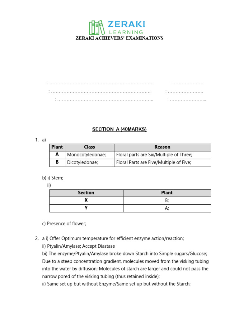 Biology - Biology Form 3 Paper 2 -Zeraki Achievers 5.0 - Marking Scheme ...
