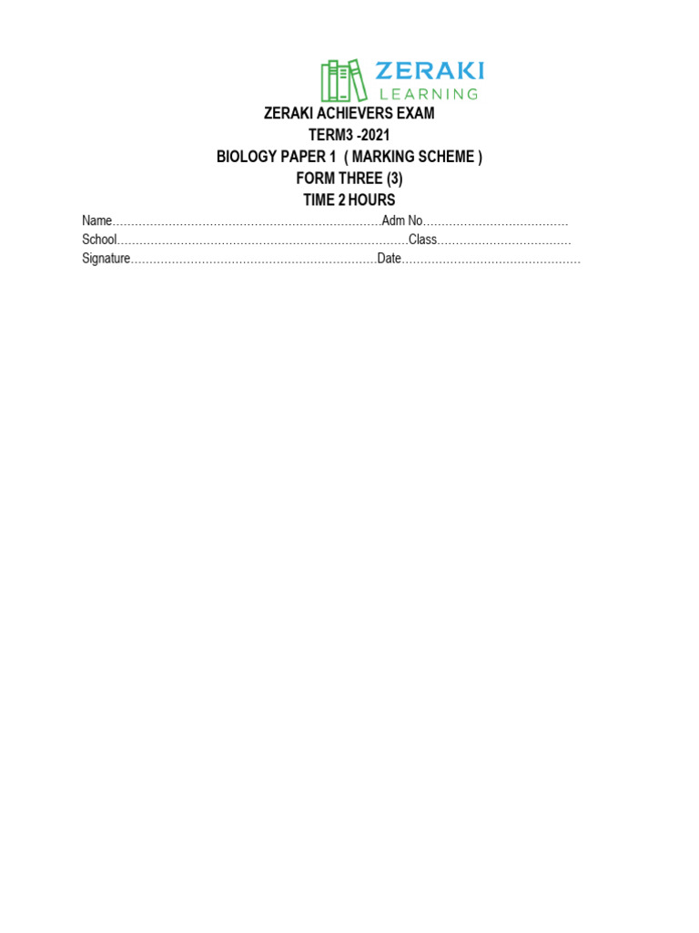 Biology - Biology Form 3 Paper 1 - Zeraki Achievers 3.0 - Marking Scheme | PDF | Stoma | Biology