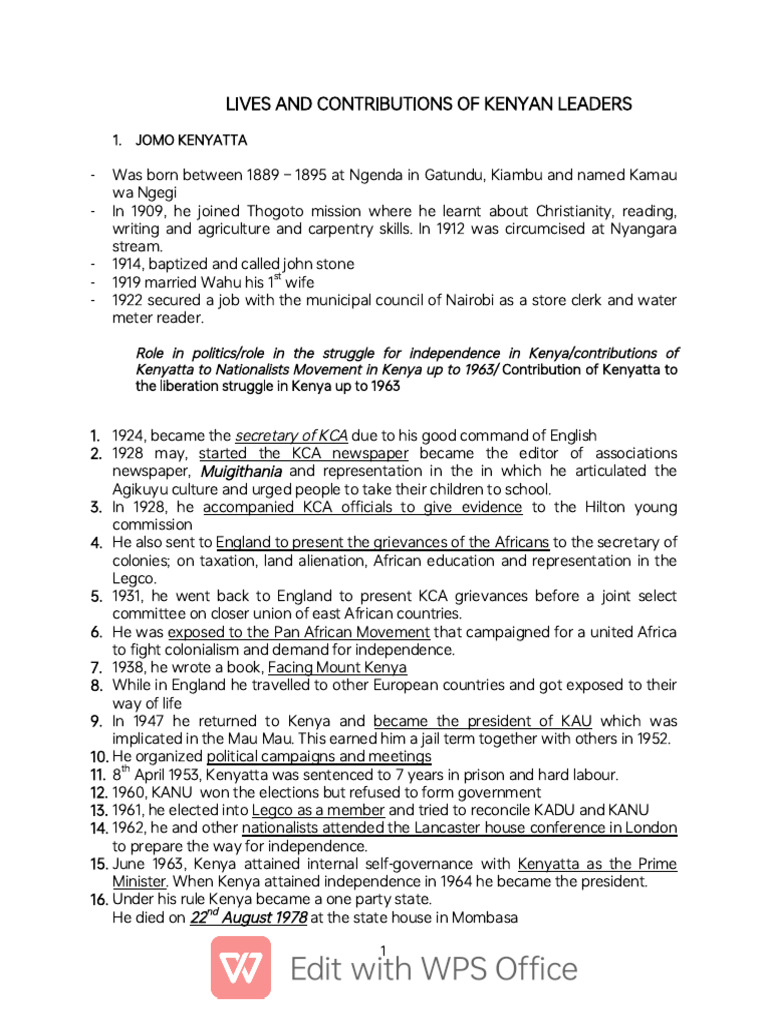 LIVES AND CONTRIBUTIONS OF KENYAN LEADERS | PDF | Kenya