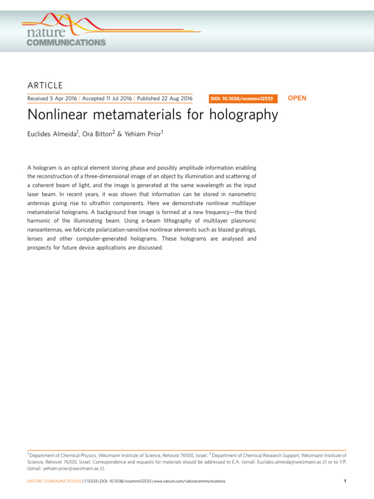 Nonlinear Metamaterials for Holography | PDF | Holography | Metamaterial