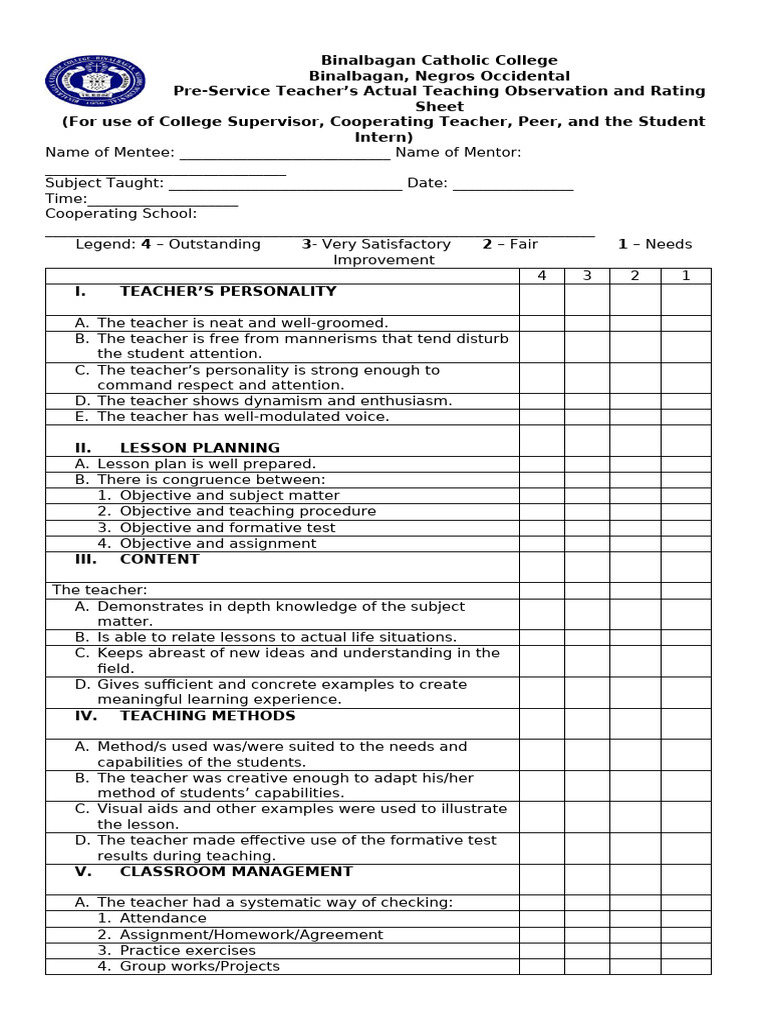 Teacher Observation Rating Sheet | PDF | Teachers | Mentorship