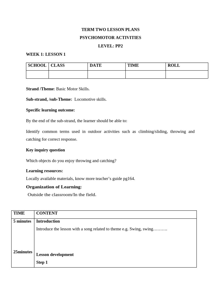 2021 2022 Pre Primary 2 Psychomotor Activities Lesson Plans Term 2-17 ...