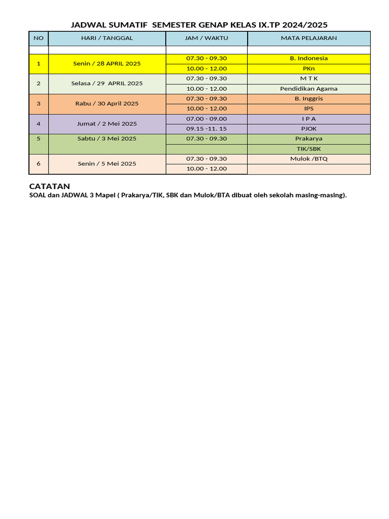 JADWAL SUMATIF AKHIR KELAS 9 TP 2024-2025 | PDF