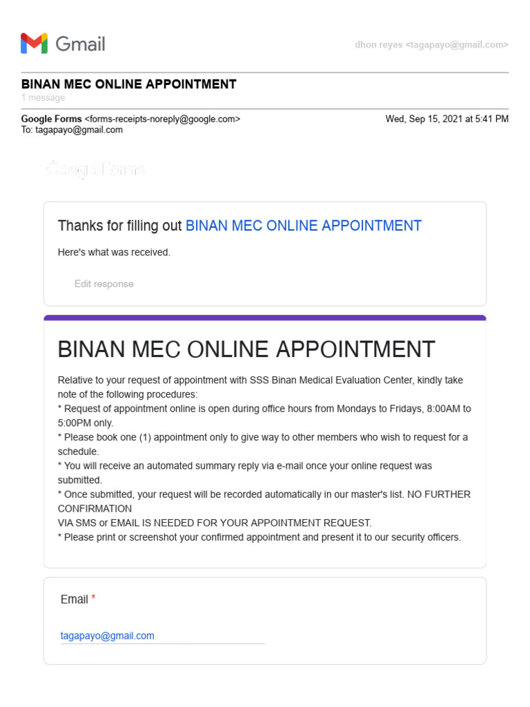 Gmail - Binan Mec Online Appointment | PDF