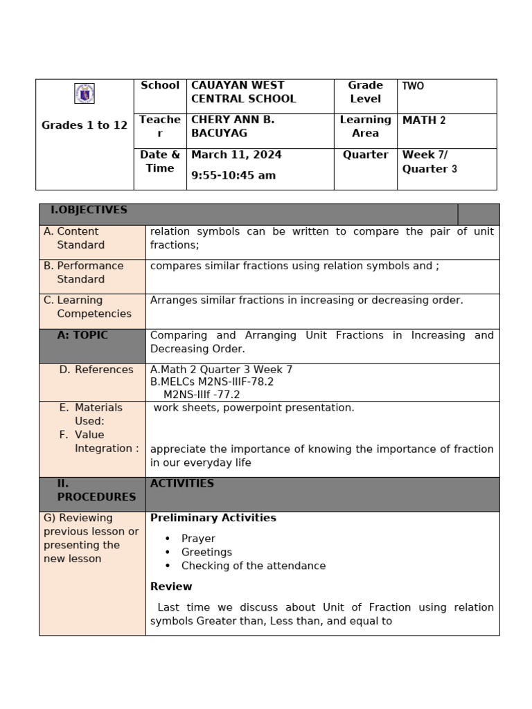 Comparing Unit Fractions Lesson Plan | PDF