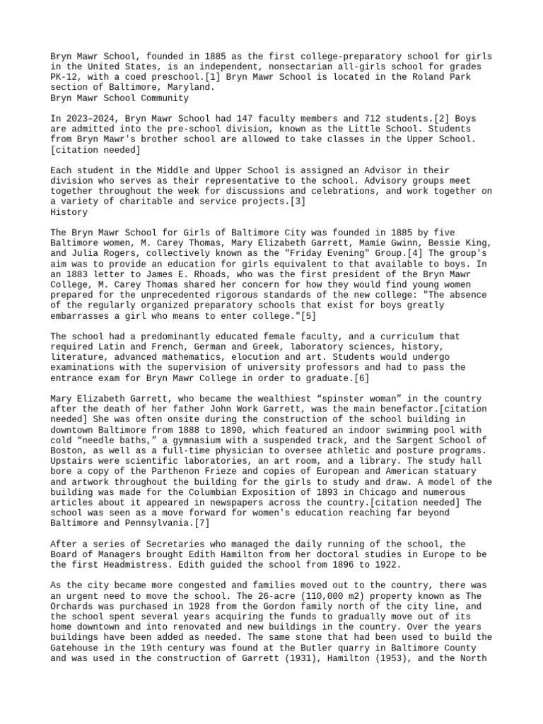 Bryn Mawr School, Founded in 1885 A | PDF | Schools | Baltimore