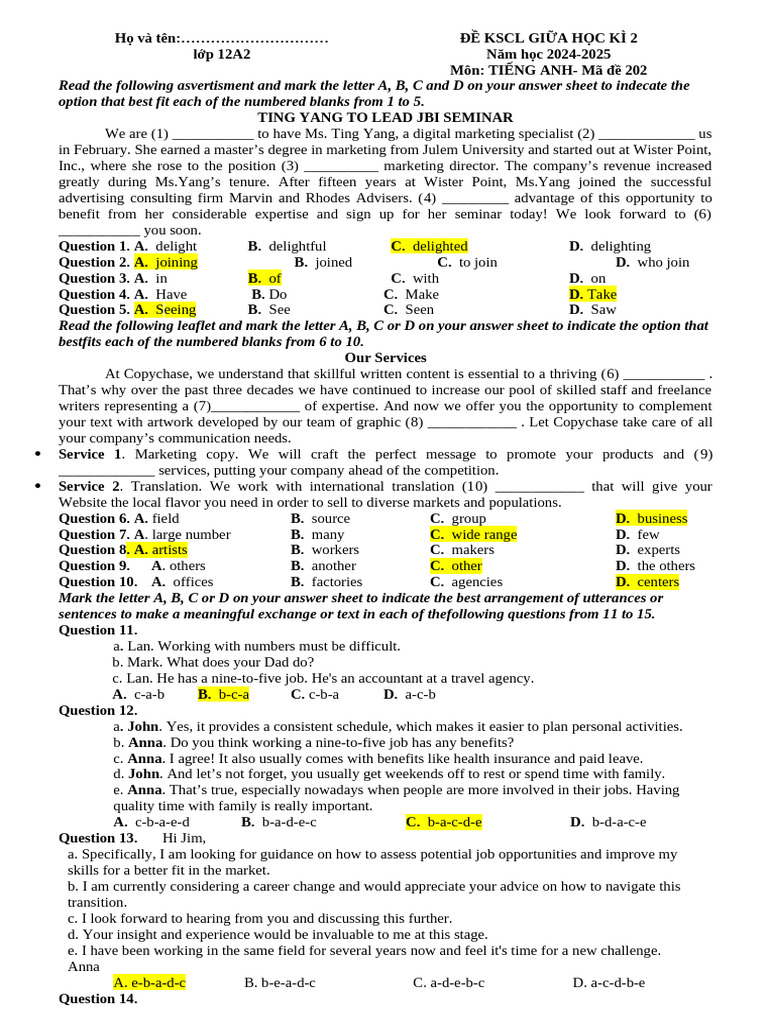 12a2-Đề Thi Giữa Kì 2-Mã 202 | PDF | Skill | Teachers