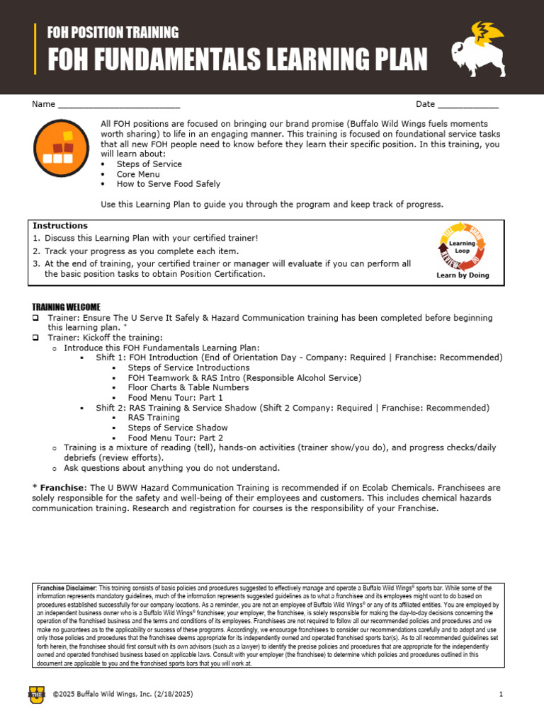 FOH Fundamentals Learning Plan 2025 02 | PDF | Franchising