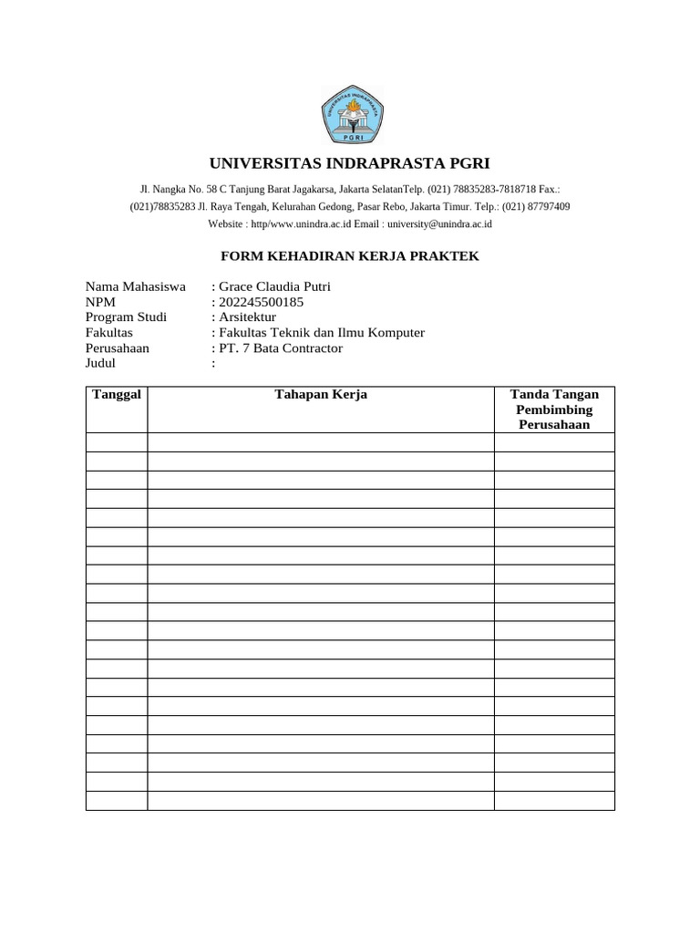 Form Kehadiran Kerja Praktik - Grace Claudia Putri - Universitas Indraprasta Pgri | PDF