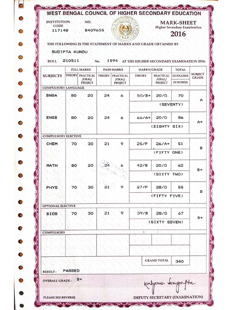 Sudipta Marksheet | PDF