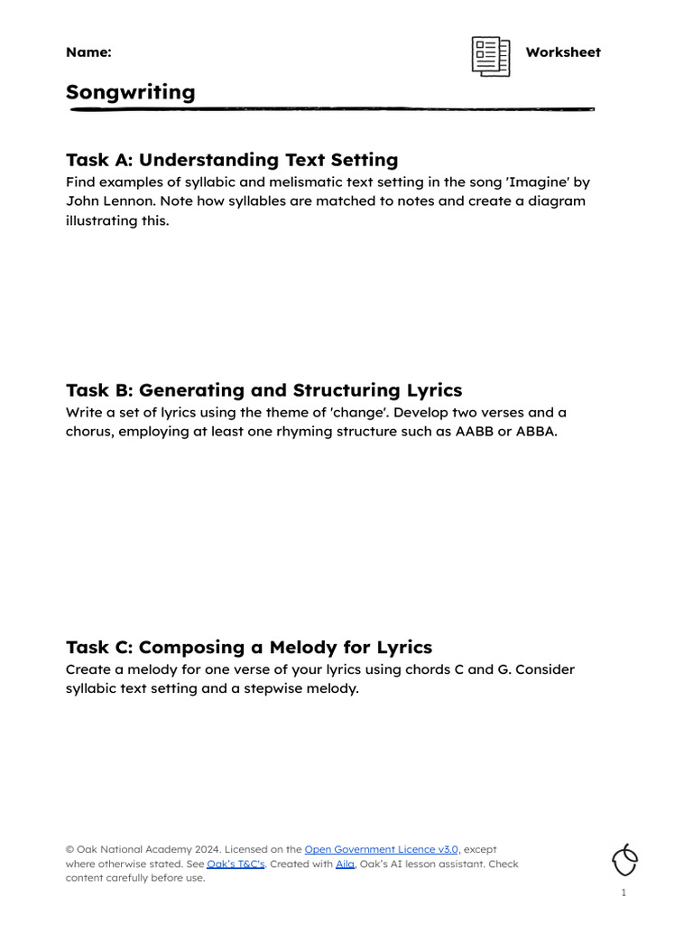 Songwriting Worksheet: Lyrics & Melody | PDF