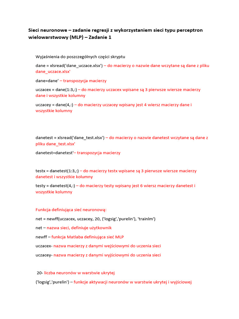 Sieci Neuronowe Matlab Instrukcja 2 | PDF