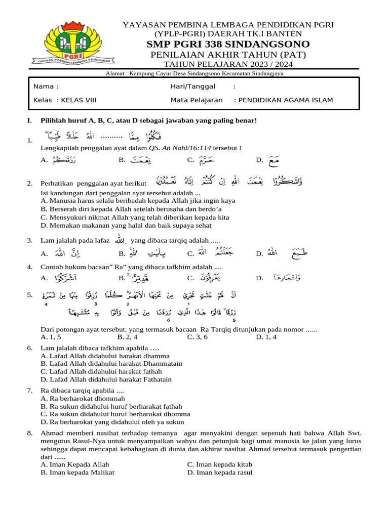 Soal Pat Pai Kelas 8 | PDF