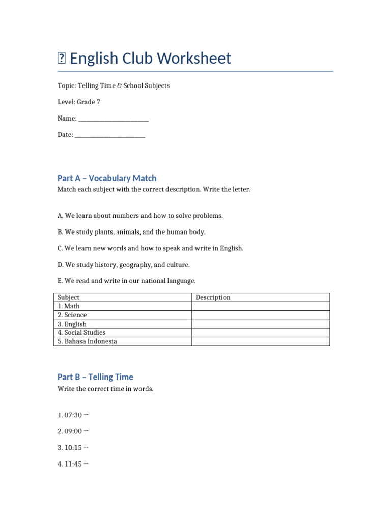 English Club Worksheet TellingTime SchoolSubjects | PDF