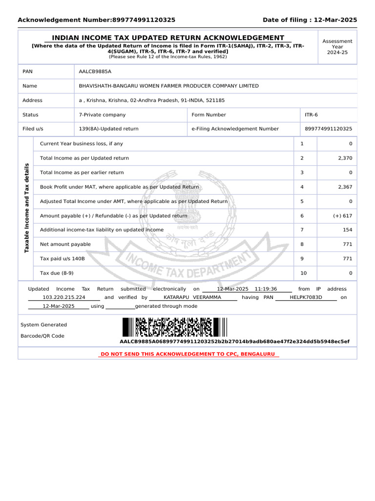 Bhavishath-bangaru Women Fpcl Itr Acknowledgement Ay 24-25 | PDF ...
