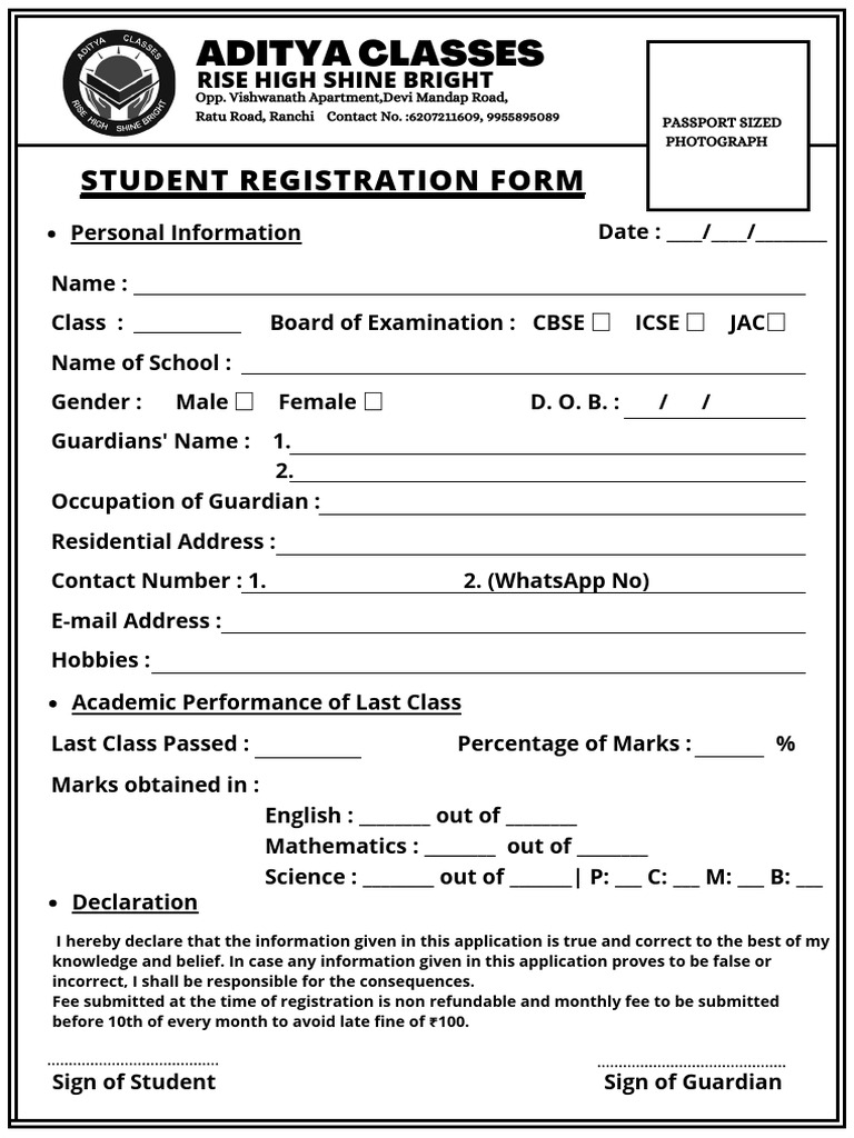 Aditya Classes Student Registration Form | PDF