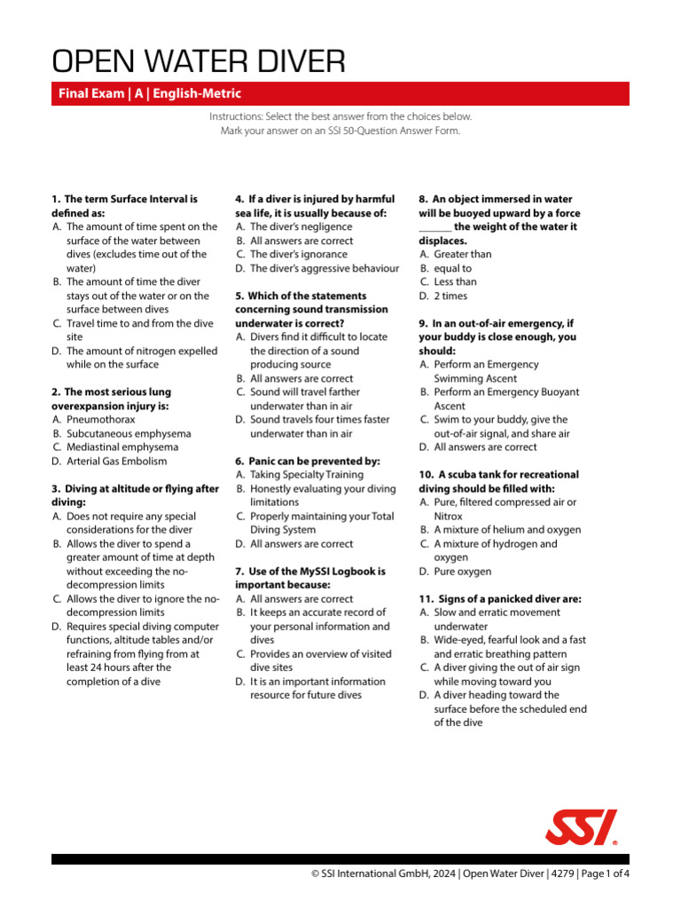 OWD - English Metric - EXAM A 1 | PDF | Scuba Diving | Underwater Diving