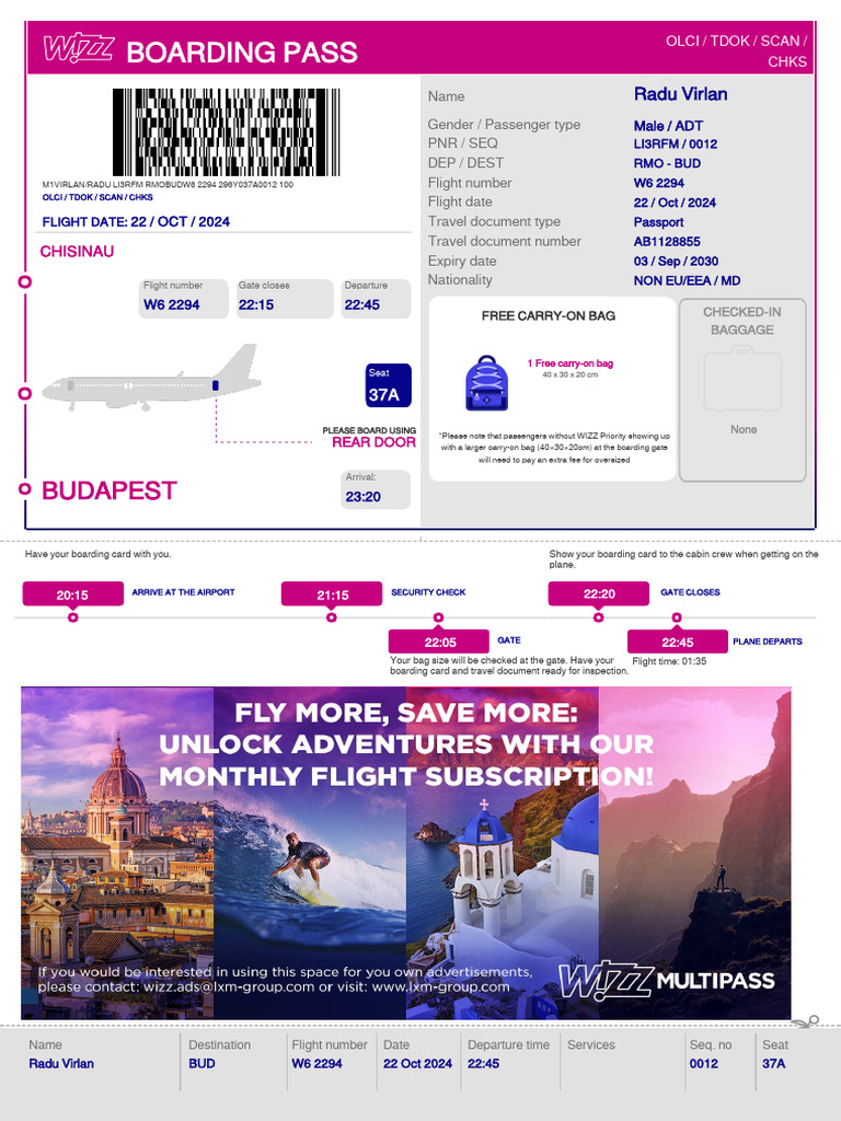Wizz Air Boarding Pass for Flight W6 2294 | PDF | Transport | Aviation