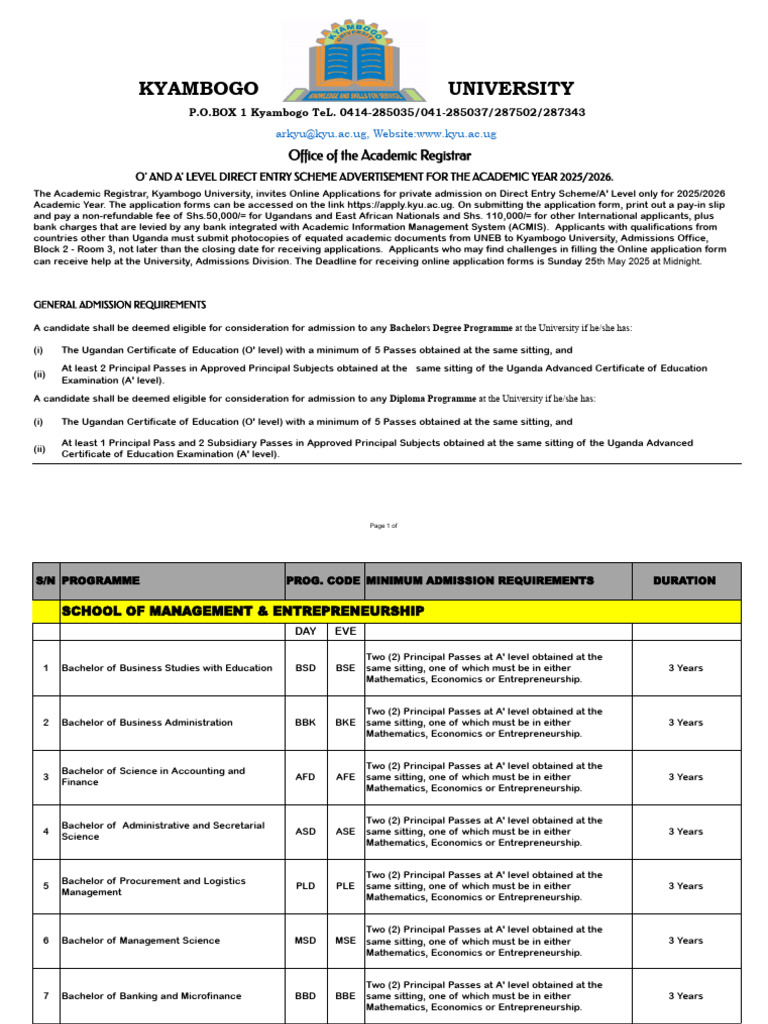 Kyambogo University 2025 2026 DIRECT ENTRY SCHEME Direct Entry Scheme ...