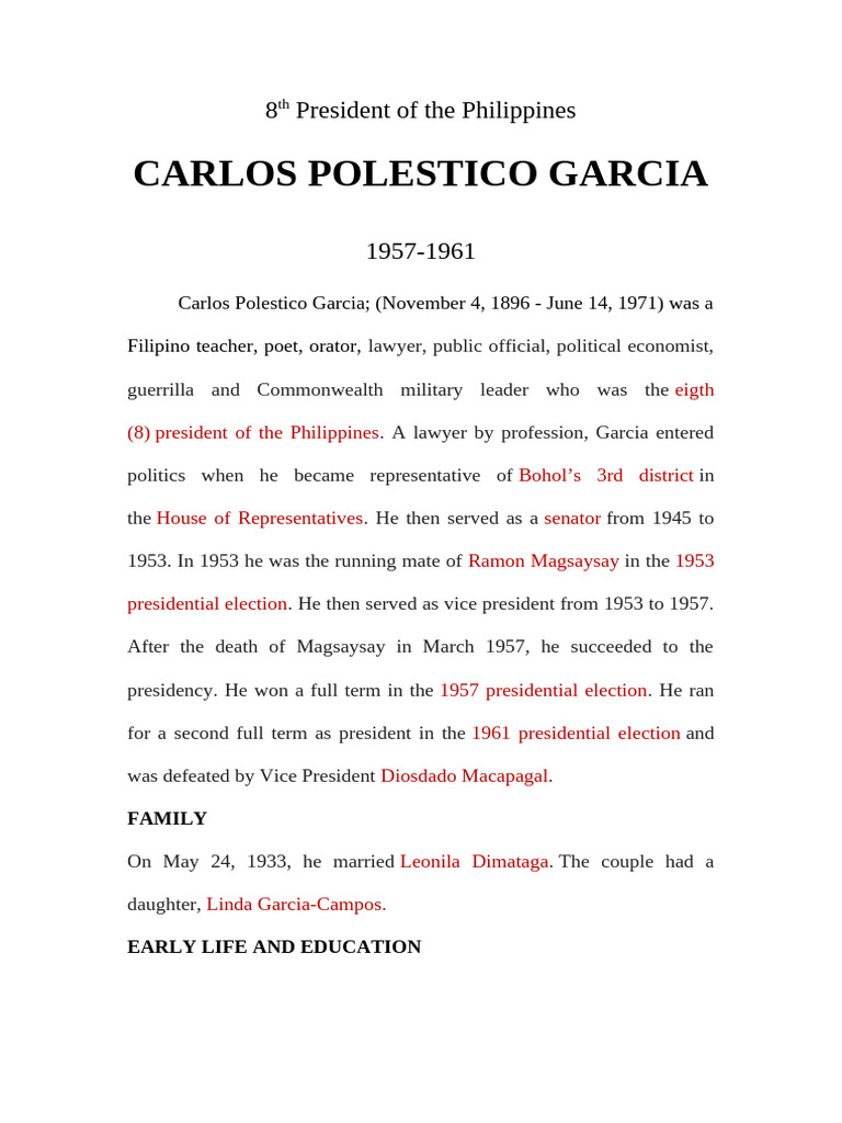 Carlos Garcia: 8th Philippine President | PDF | Government