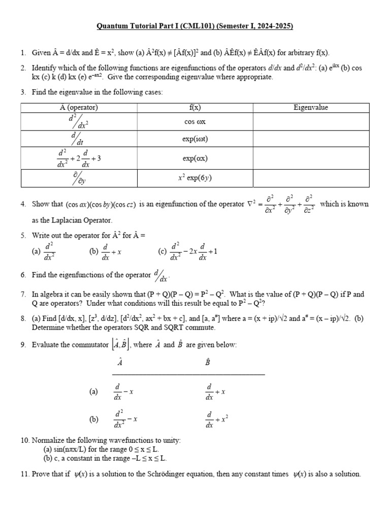 CML101 Tutorial On Quantum Mechanics - Part I | PDF | Wave Function | Physical Sciences