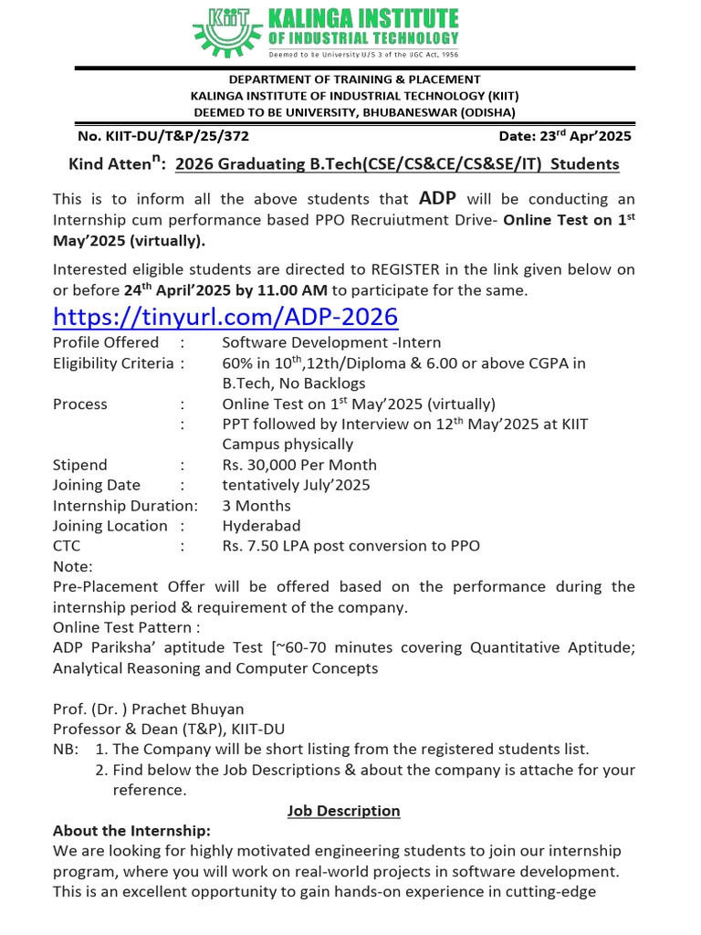 Registration For ADP Internship Cum PPO Recruitment Drive - 2026 Graduating Batch | PDF ...