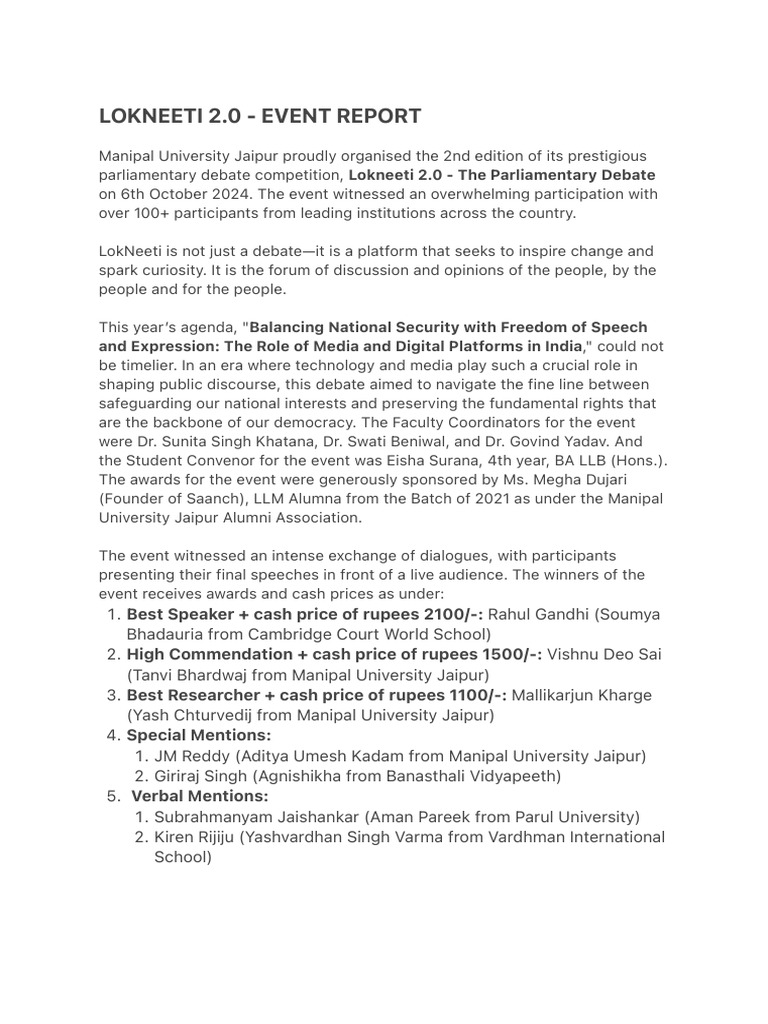 Lokneeti 2.0 - Event Report | PDF | Political Science