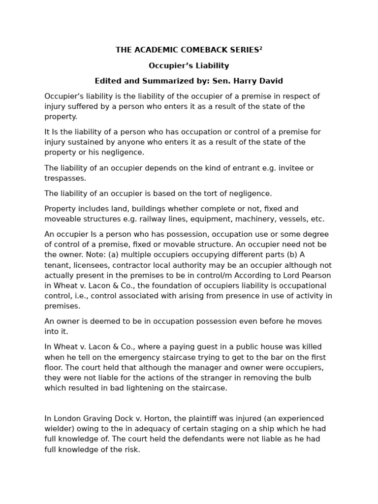 The ACADEMIC COMEBACK SERIES2 a Comprehensive Note on Occupiers ...