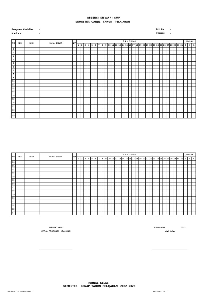 FORM Absensi Siswa Kelas X 2022 2023 | PDF