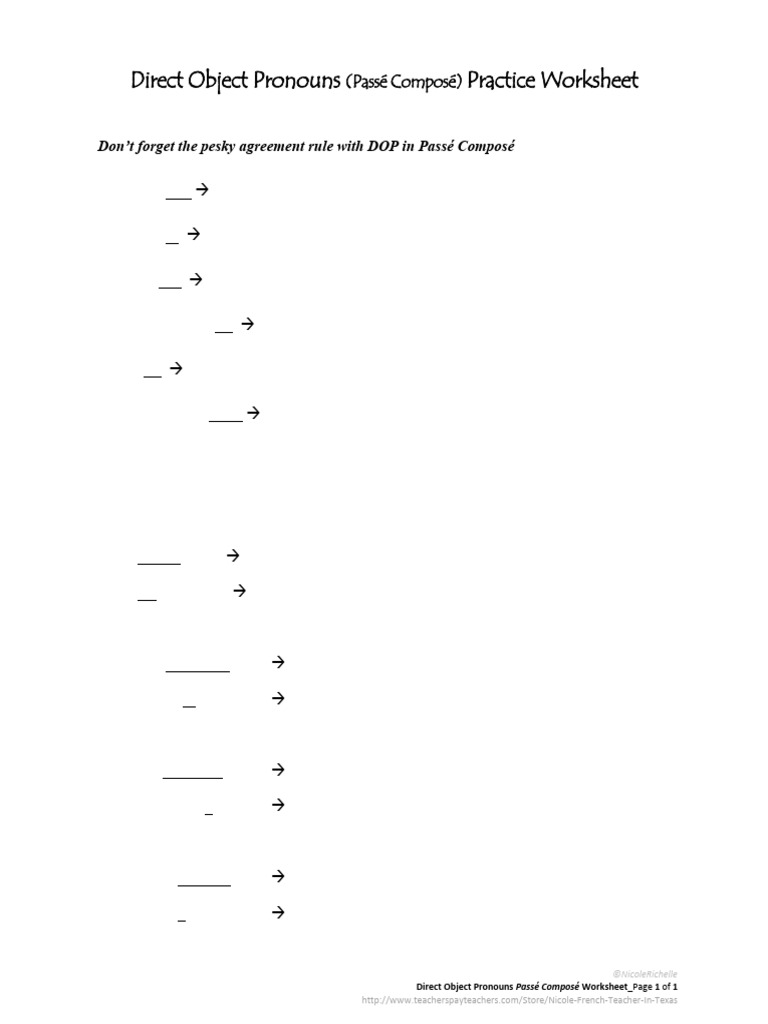 Direct Object Pronouns Passe Compose Worksheet | PDF