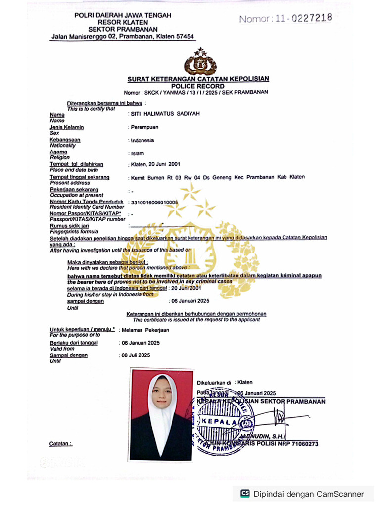 SKCK Siti Halimatus Sadiyah | PDF