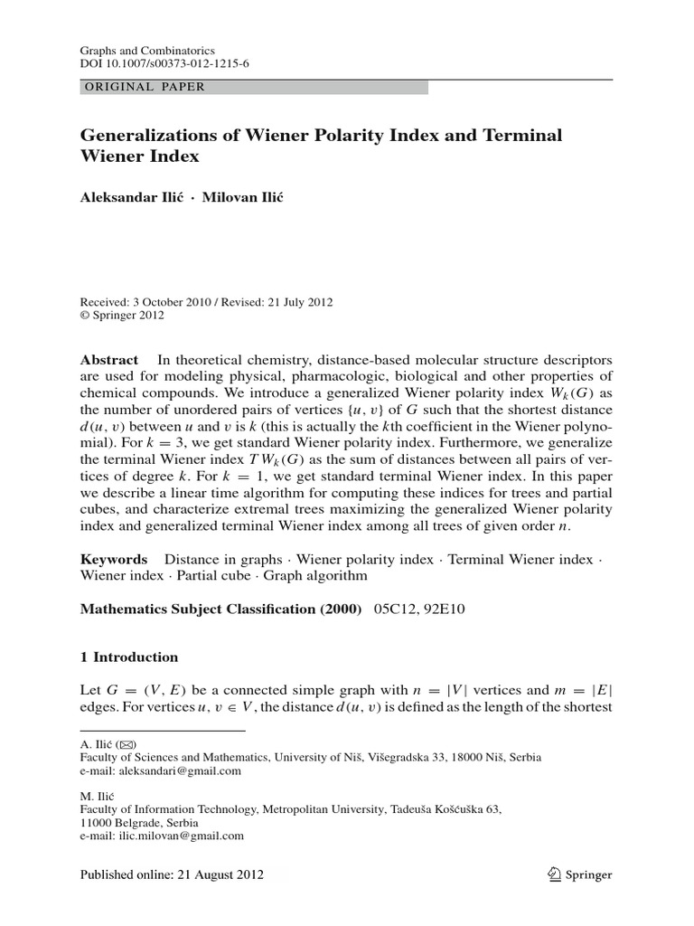 2013 GC Generalizations of Wiener Polarity Index and Terminal | PDF | Vertex (Graph Theory ...