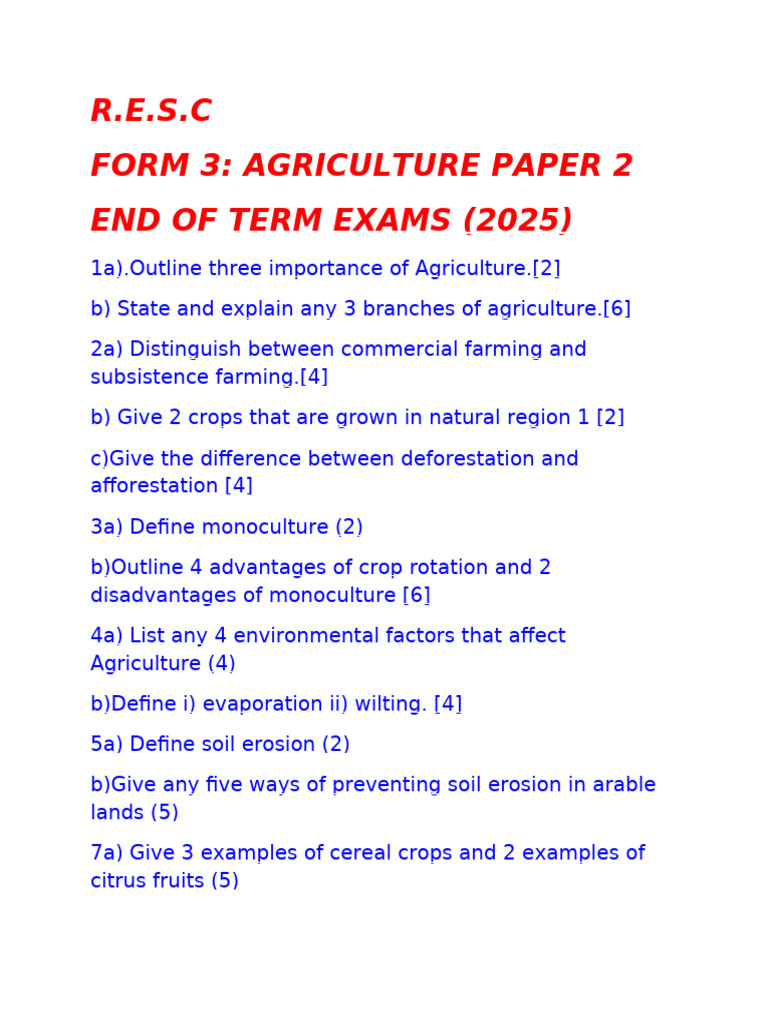 Form 3 Agriculture 2025 | PDF