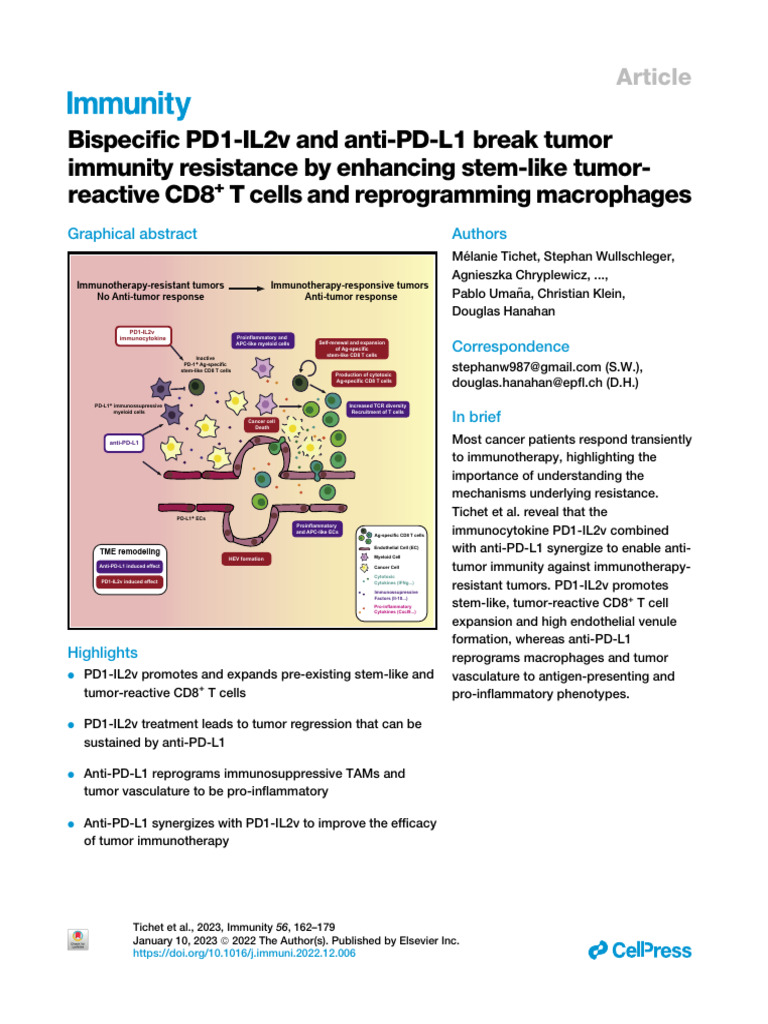 Bispecific PD1-IL2v and anti-PD-L1 Break Tumor Immunity Resistance by Enhancing Stem-Like Tumor ...